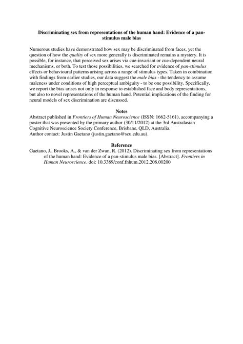 Pdf Discriminating Sex From Representations Of The Human Hand