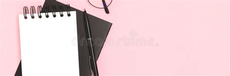 Banner With Notepad Mock Up And Stationery On A Pink Background Stock