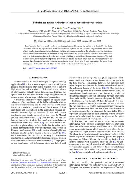 Pdf Unbalanced Fourth Order Interference Beyond Coherence Time
