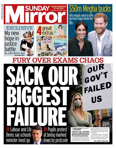 Sunday Mirror Front Page 16th Of August 2020 Tomorrows Papers Today
