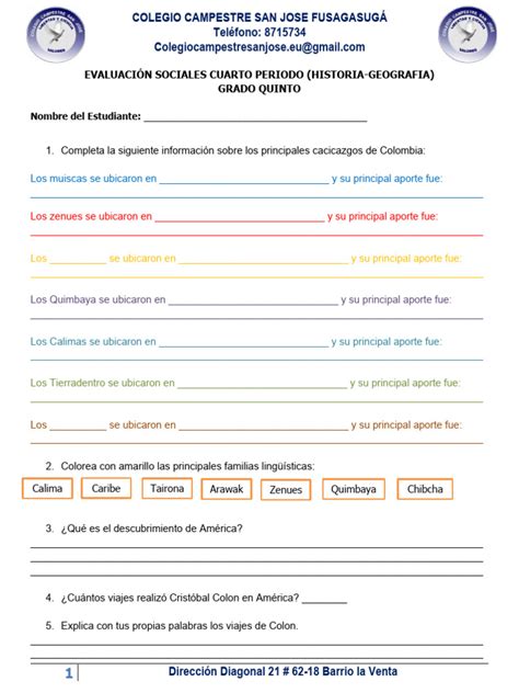 Evaluacion Ciencias Sociales Grado Quinto Cuarto Periodo Pdf