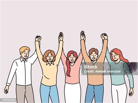 친근한 팀이 손을 잡고 목표를 달성하기 위한 성공적인 협업의 개념을 위해 미소를 짓고 있다 단체에 대한 스톡 벡터 아트 및 기타