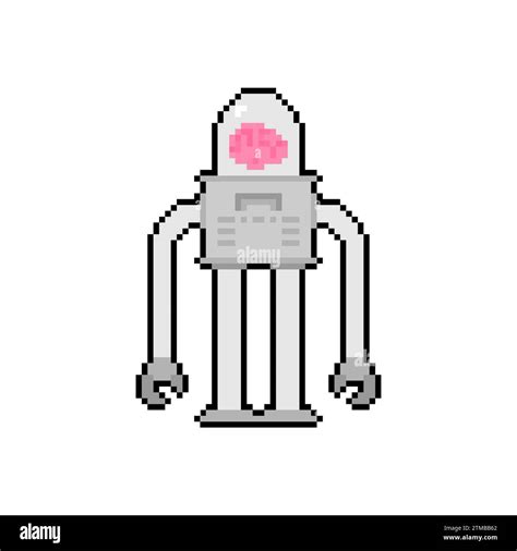 Robot With Brain Artificial Intelligence Pixel Art 8 Bit Retro Cyborg