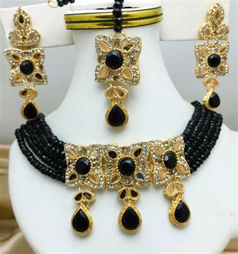 Stylish Black Choker Necklace Jewelry Set With Earrings And Teeka Zv Online Shopping