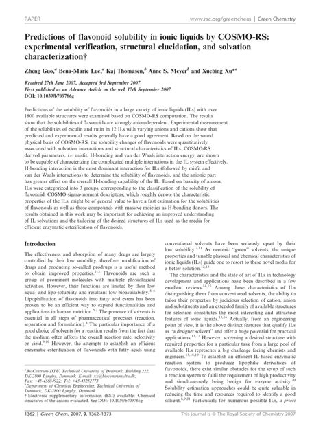 Pdf Predictions Of Flavonoid Solubility In Ionic Liquids By Cosmo Rs Experimental
