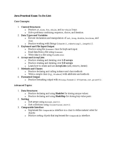 Topics To Cover For Exam Java Practical Exam To Do List Core Concepts Control Structures