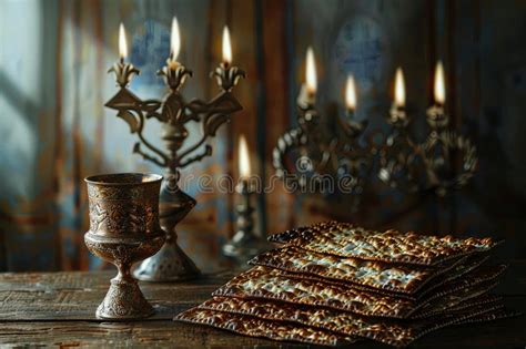 Passover Seder Plate With Matzah And Wine Goblets By Candlelight