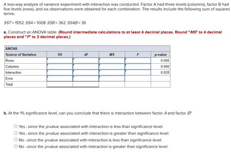 solved a two way analysis of variance experiment with