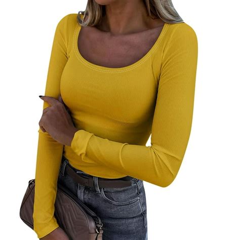 Qwertyu Gothic Tops For Women Long Sleeve Knit Ribbed Scoop Neck