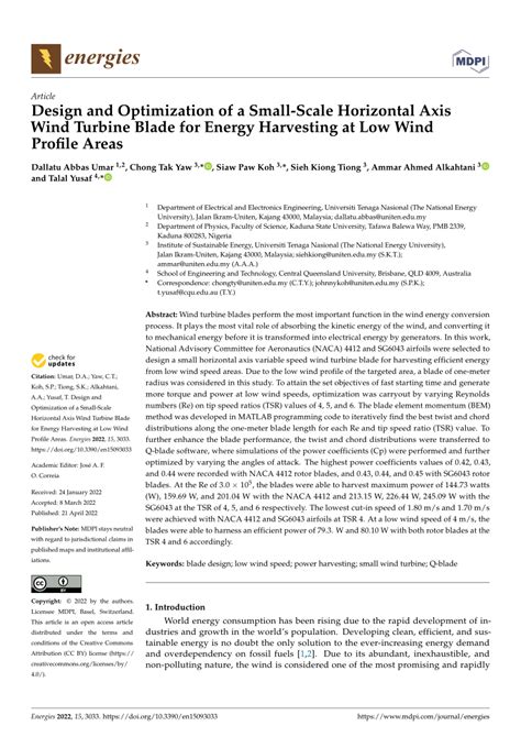 Pdf Design And Optimization Of A Small Scale Horizontal Axis Wind Turbine Blade For Energy