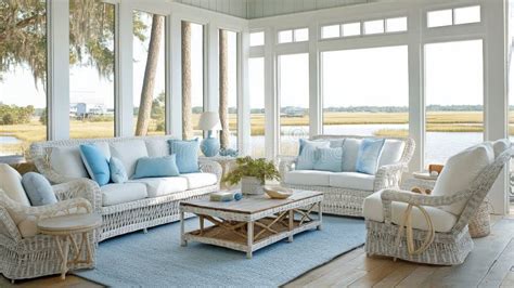 Coastal Patio Retreat Featuring Light Furniture Wicker Chairs And