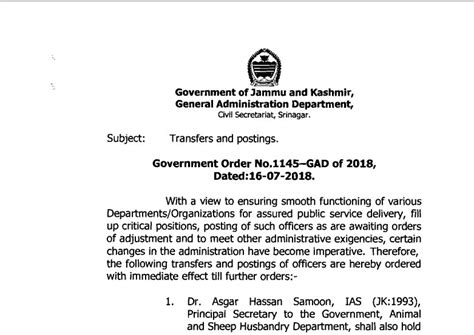 Jk Govt Orders Major Administrative Reshuffle 59 Officers Transferred
