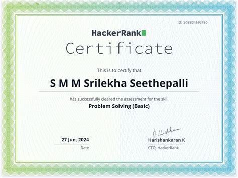 Earned Hackerrank Problem Solving Certificate Srilekha Seethepalli