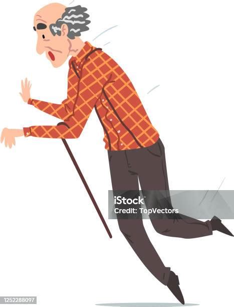 바닥에 떨어지는 노인 지팡이 사고 통증 또는 부상 만화 스타일 벡터 일러스트레이션 으로 떨어지는 은퇴 한 사람 흰색 배경에 발을