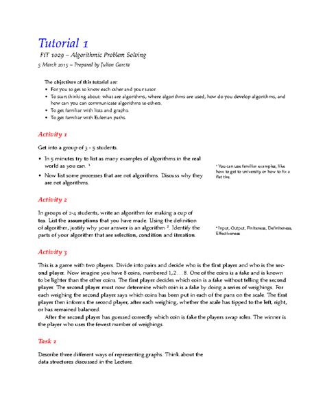 Algorithmic Problem Solving Tutorial Work Tutorial 1 Tutorial 1
