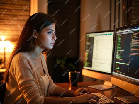 Women Coders Working Late Into The Night Nighttime Software Development
