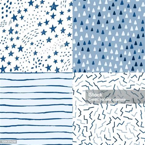 손으로 그린 귀여운 아이 추상 원활한 패턴 세트 소박한 보헤미안 간단한 다채로운 파란색 배경입니다 만화 별 구름 비 하늘 물방울 무늬 일러스트 연속무늬에 대한 스톡 벡터