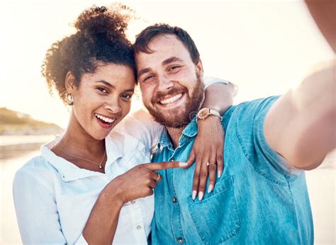 Selfie Holiday And Happy Couple Celebrate Engagement Marriage And