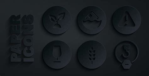 밀 삼각형의 느낌표 깨지기 쉬운 깨진 유리 산업용 후크 판지 판지 상자 및 식물 기반 아이콘을 설정합니다 벡터 3차원 형태에