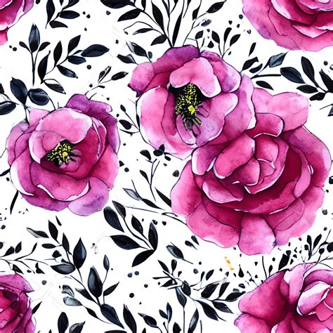 Beautiful Realistic Floral Pattern With Outline And Watercolor