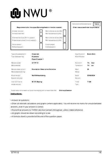 STTF112 Class Test 3 2024 MEMO Calculators Sakrekenaars Yes Ja