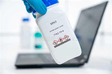 Hn Hydrazoic Acid Cas Chemical Substance In White Plastic Laboratory Packaging Stock