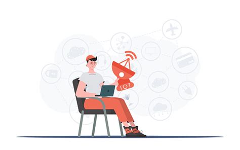 한 남자가 위성 접시를 손에 쥐고 있습니다 사물 인터넷 및 자동화 개념 프리젠 테이션 및 웹 사이트에 좋습니다 트렌디 한 평면 스타일의 벡터 일러스트레이션 Brand