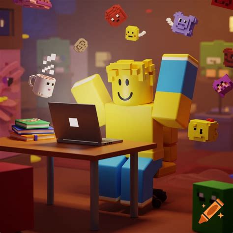 A Roblox Character Sits At A Desk Using A Laptop On Craiyon