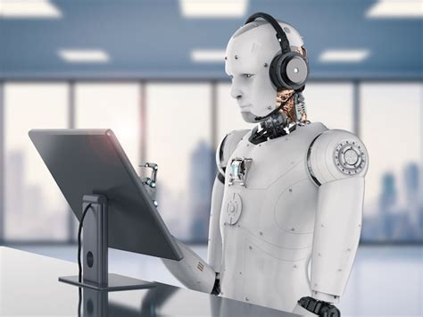 Premium Photo D Rendering Humanoid Robot Working With Headset And Monitor