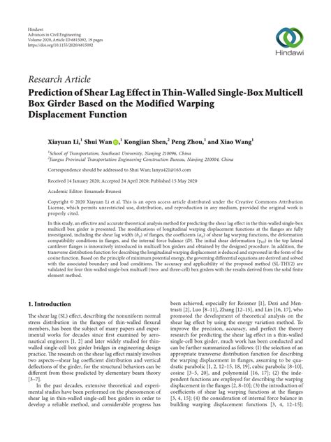 Pdf Prediction Of Shear Lag Effect In Thin Walled Single Box