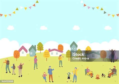 ผู้คนเพลิดเพลินกับกิจกรรมกลางแจ้งและภูมิทัศน์ของสวนสาธารณะสีเขียว ภาพประกอบสต็อก ดาวน์โหลดรูป