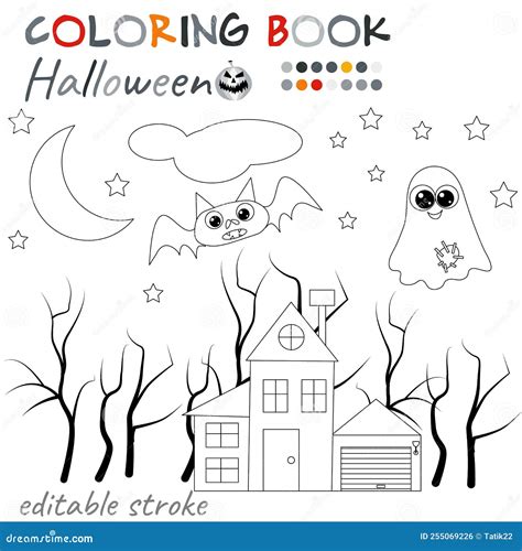 Happy Halloween House Trees Ghost And Bat Stock Vector