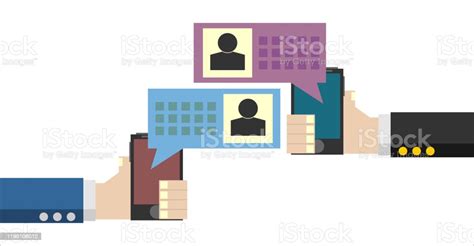 채팅 개념 남자는 손 스마트 폰을 잡고 통신을 위해 모바일 가젯을 사용하는 사람들 인터넷에서 문자 메시지 일러스트 플랫 디자인