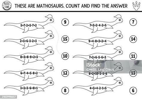 귀여운 긴 플레시오사우루스와 함께 흑인과 백인 계산 및 일치 게임 아이들을 위한 공룡 선 수학 덧셈과 뺄셈 활동 선사 시대 공룡 인쇄 가능한 계산 워크 시트 색칠 공부