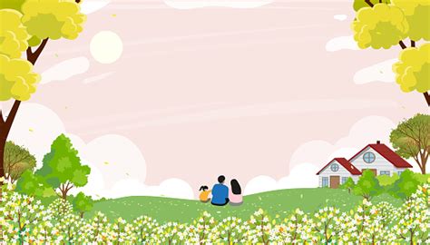 분홍색 하늘 구름 배경 벡터 일러스트 레이 션을 보면서 정원 공원에 앉아있는 가족과 함께 봄 풍경 귀여운 만화 자연 녹색 잔디