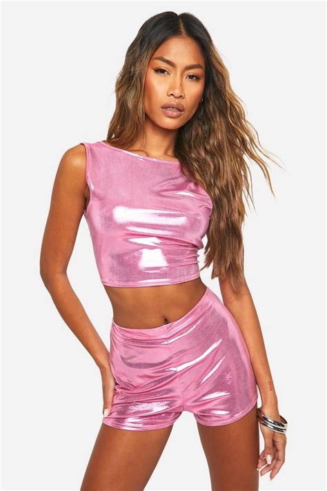 Metallic Racer Neck Crop Top Boohoo Usa