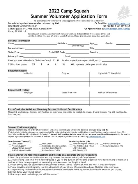 Fillable Online 2022 Camp Squeah Summer Volunteer Application Form Fax