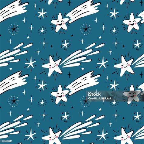아이 들을 위한 만화 혜성 벡터 완벽 한 패턴입니다 작은 귀여운 떨어지는 스타 배경입니다 생일 베이비 샤워 또는 보육 디자인을 위한 슈팅 스타 0명에 대한 스톡 벡터 아트