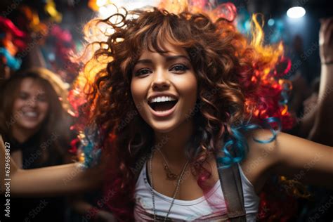 Beautiful Happy Cute Young Woman Dancing At A Nightclub Party Disco