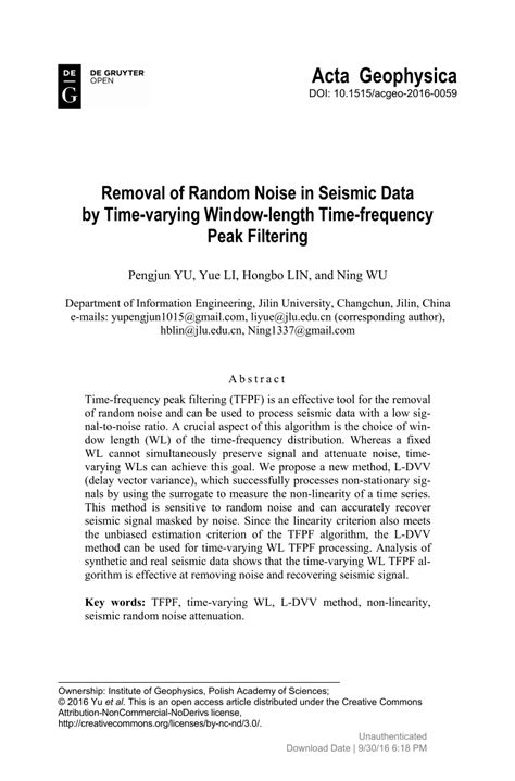 PDF Removal Of Random Noise In Seismic Data By Time Varying Window Length Time Frequency Peak