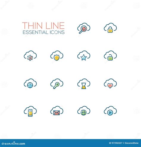 Clouds With Symbols Modern Vector Single Thin Line Icons Set Stock Vector Illustration Of