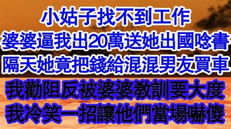 小姑子找不到工作，婆婆逼我出20萬送她出國唸書，隔天她竟把錢給混混男友買車，我勸阻反被婆婆教訓要大度，我冷笑一招讓他們當場嚇傻 真情故事會