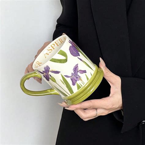 Handmålad Oljemålningsstil Iris Mark Cup För Hem Med Stor Kapacitet