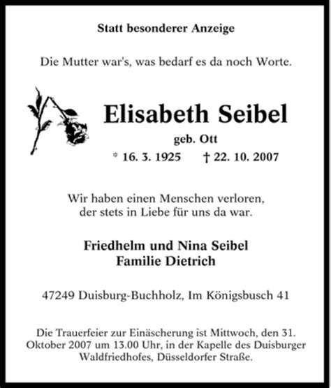 Traueranzeigen Von Elisabeth Seibel Trauer In NRW De