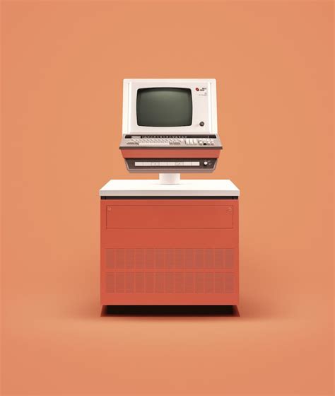 An Old Computer Sitting On Top Of A Red Cabinet