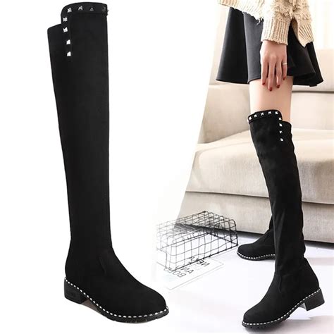Women Over The Knee Boots Leather Rivet Flat Thigh High Long Block Low