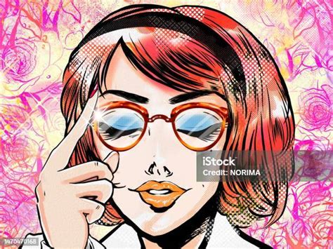 아름다운 빨간 머리 미국 비서가 60년대 미국 연재 만화와 장미 정원 배경 스타일로 안경을 다시 쓰면서 웃고 있는 그림 강사에 대한 스톡 벡터 아트 및 기타 이미지 Istock