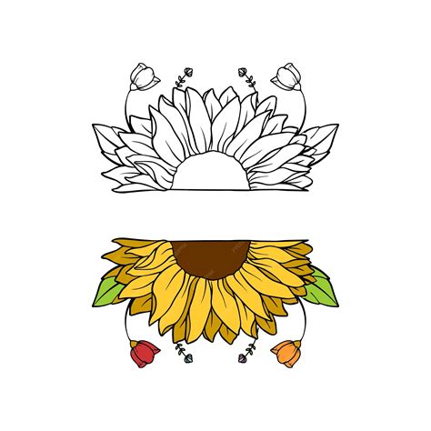 Premium Vector Sunflower Border Half Sunflowers Drawing And Outline