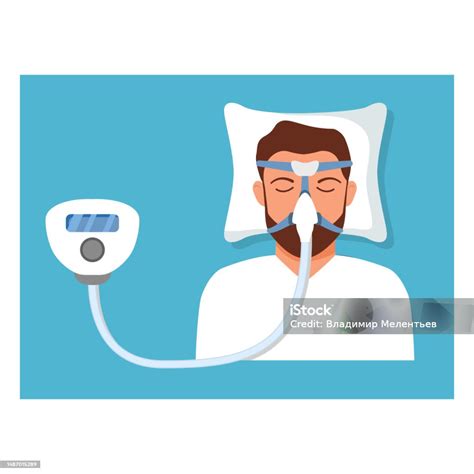 지속적인기도 양압 폐쇄성 수면 무호흡증 침대에 누워 있는 남자 Cpap 마스크 수면중무호흡증에 대한 스톡 벡터 아트 및 기타