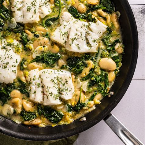 Skillet Poached Cod With Spinach And Butter Beans Americas Test Kitchen